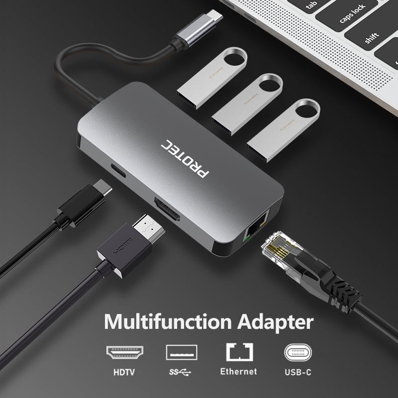 Protec DM285 - 6-in-1 Multiport with 4K Resolution, Networking, and Charging - 1PC.co.il