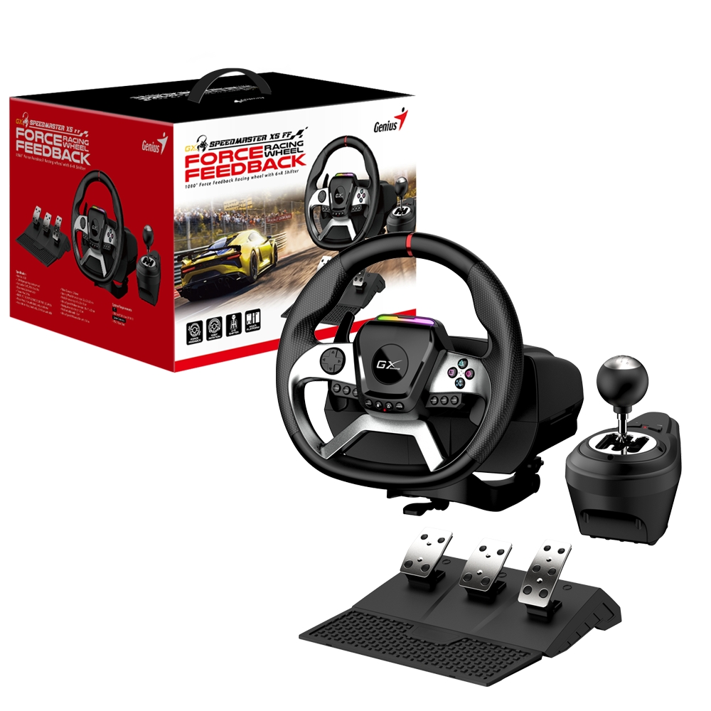 GENIUS X5FF SpeedMaster racing wheel with pedals and gear shifter in ...